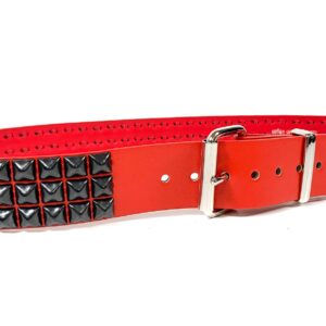 Red Three Row Black Pyramid Stud Belt Vegan Leather Punk Goth Alternative USA Made (XL)