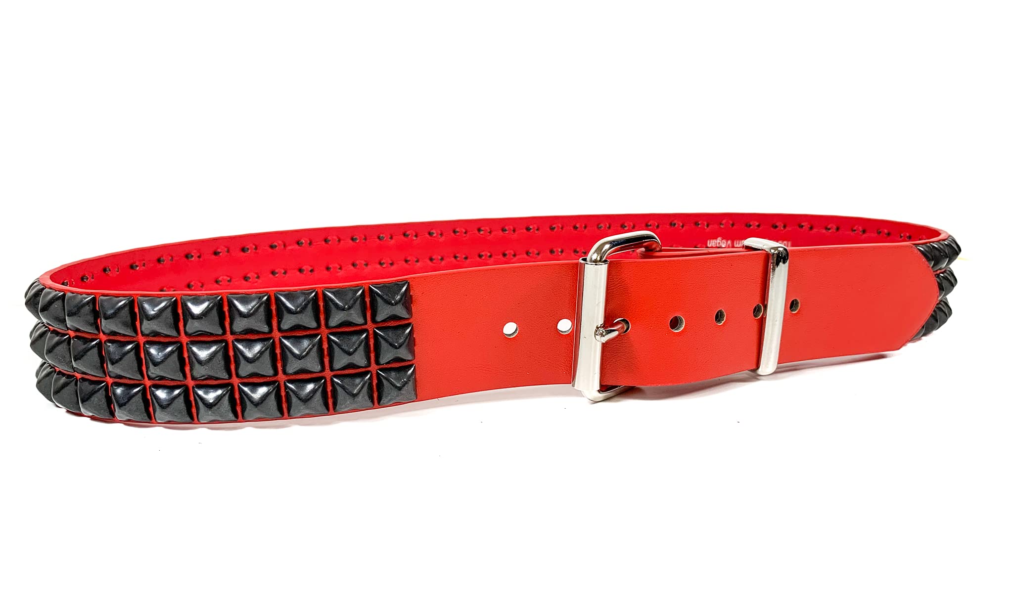 Red Three Row Black Pyramid Stud Belt Vegan Leather Punk Goth Alternative USA Made (XL)