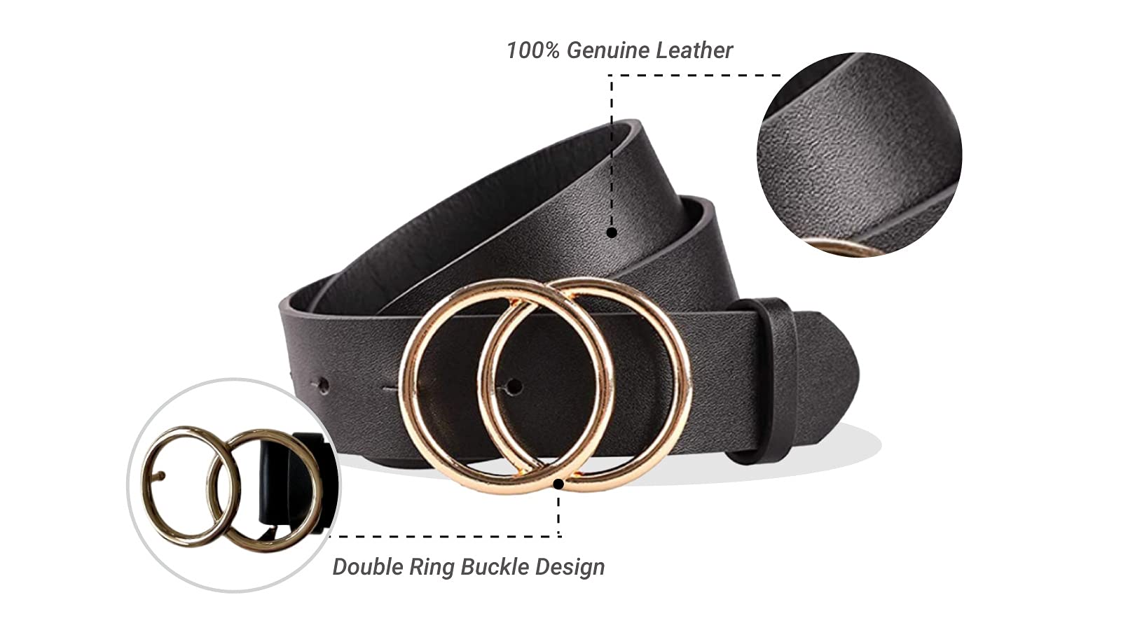 Patrica Fiore Fashion Leather Belt For Women - Design in Italy Double Buckle Belt Leather(M), Black