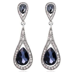 Extra Large Long Antique Vintage Retro Deco Gatsby Flapper Style Dark Navy Midnight Sapphire Blue Rhinestone Dangle Earrings