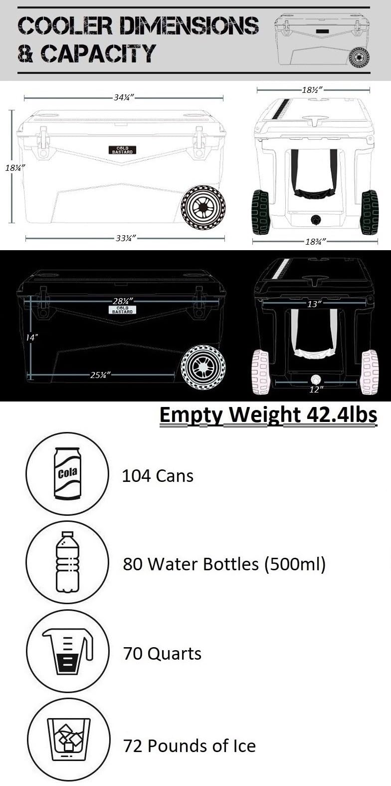 COLD BASTARD COOLERS 70QTW Rugged+ Pink Neon Large Wheels Premium Ice Chest Cooler Accessories Free S&H (CB70W-PN)