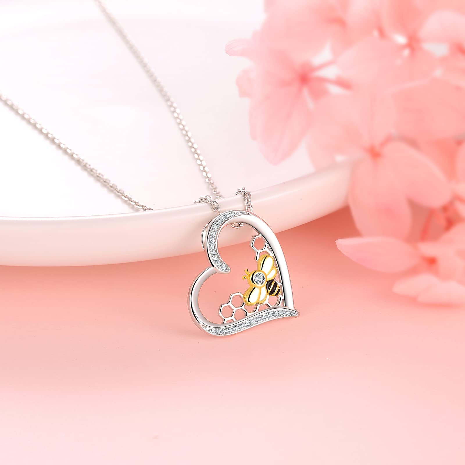 925-Sterling-Silver Heart Honeycomb Bee Necklace - Embellished With Zirconia Queen Bee Jewelry,Plated White Gold + 18K Gold Cute Animal Bumblebee Pendant Gift for Women & Honeybee Lover