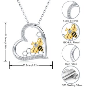 925-Sterling-Silver Heart Honeycomb Bee Necklace - Embellished With Zirconia Queen Bee Jewelry,Plated White Gold + 18K Gold Cute Animal Bumblebee Pendant Gift for Women & Honeybee Lover