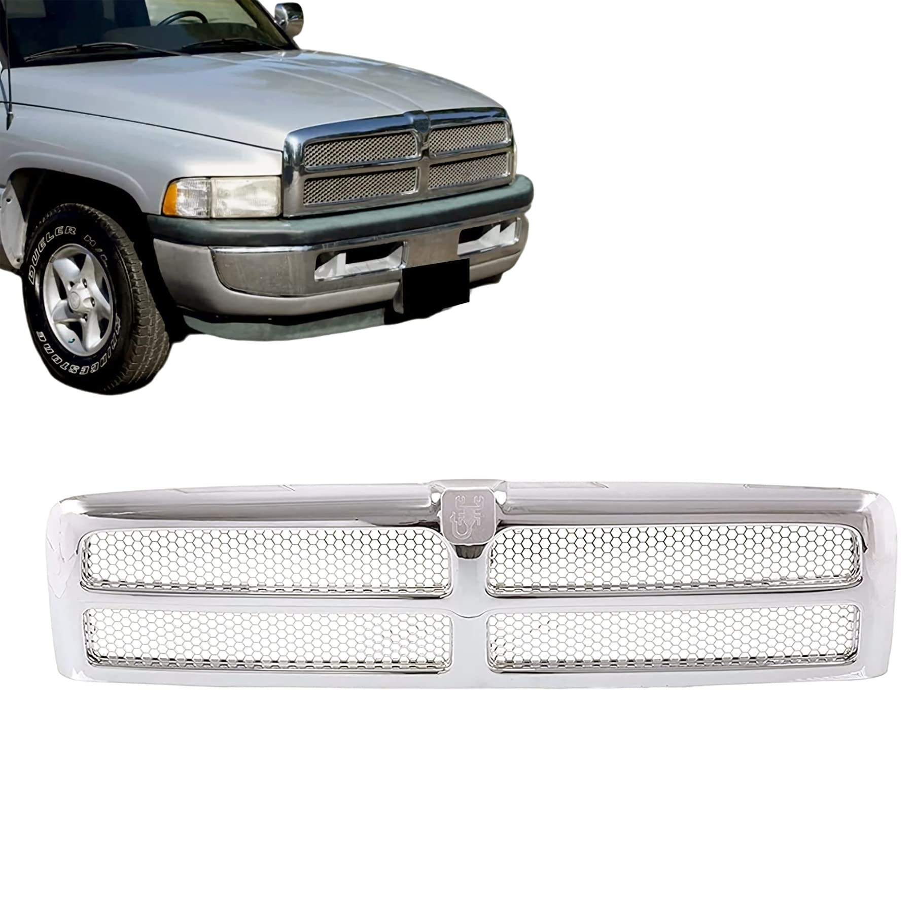 JustDrivably Replacement Parts Front Grille Grill Assembly With Chrome Shell Frame With Chrome Honeycomb Insert Compatible With Dodge Ram 1500 1994-2001 Ram 2500 3500 1994-2002 Pickup Truck