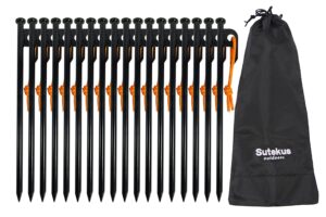 sutekus metal tent stakes with reflective pull cord heavy-duty forged steel tent pegs solid tent anchors and camping spikes for camping hiking outdoors (8"/16pcs)