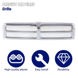 JustDrivably Replacement Parts Front Grille Grill Assembly With Chrome Shell Frame With Chrome Honeycomb Insert Compatible With Dodge Ram 1500 1994-2001 Ram 2500 3500 1994-2002 Pickup Truck