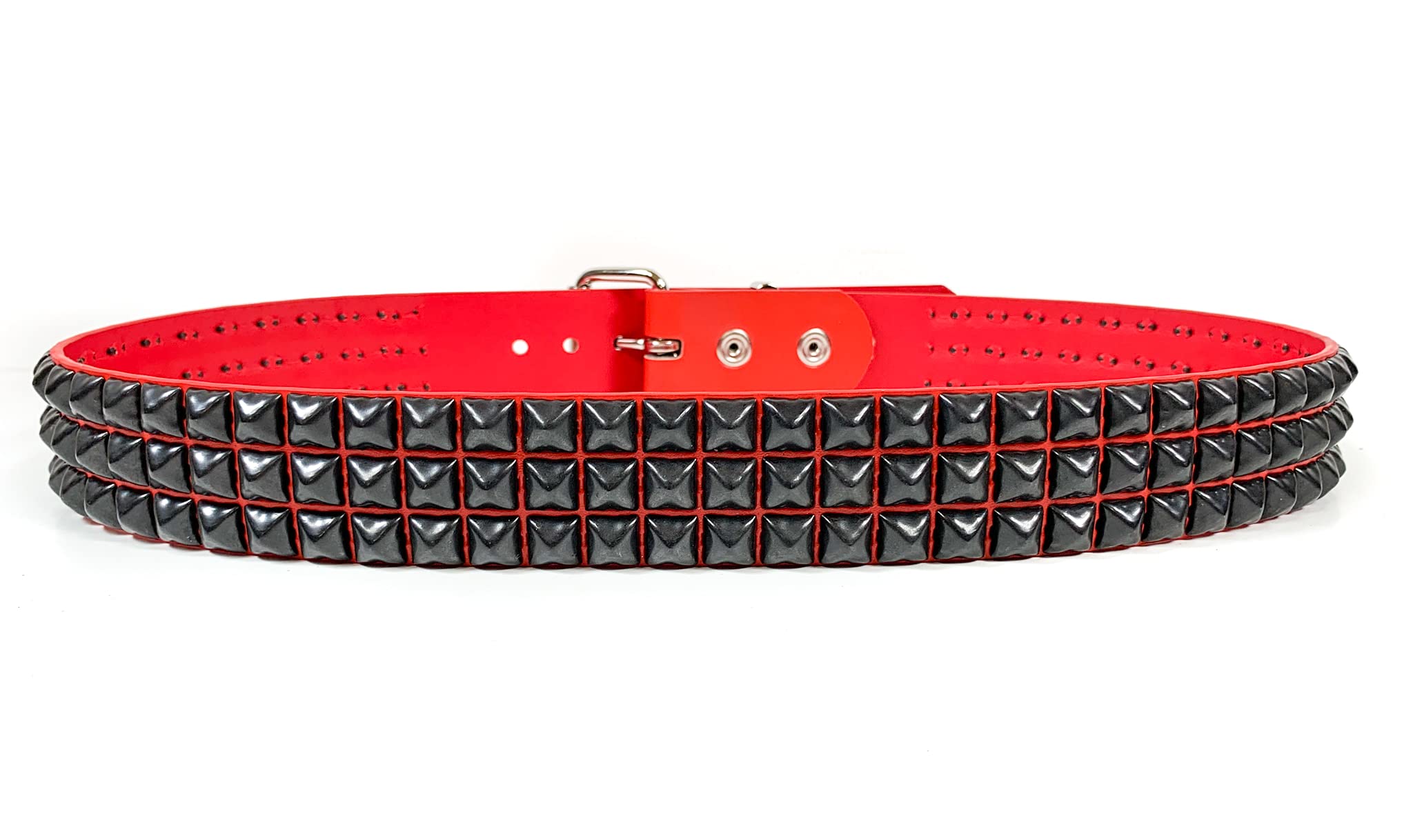 Red Three Row Black Pyramid Stud Belt Vegan Leather Punk Goth Alternative USA Made (XL)