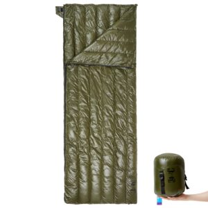 mt ultralight down sleeping bag 41-68 degree f 400 fill power 3 seasons - 1.5lbs compact portable waterproof camping sleeping bag with compression sack for adults, teen, kids olive drab