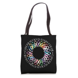 cancer sucks in every color, fight cancer ribbons tote bag