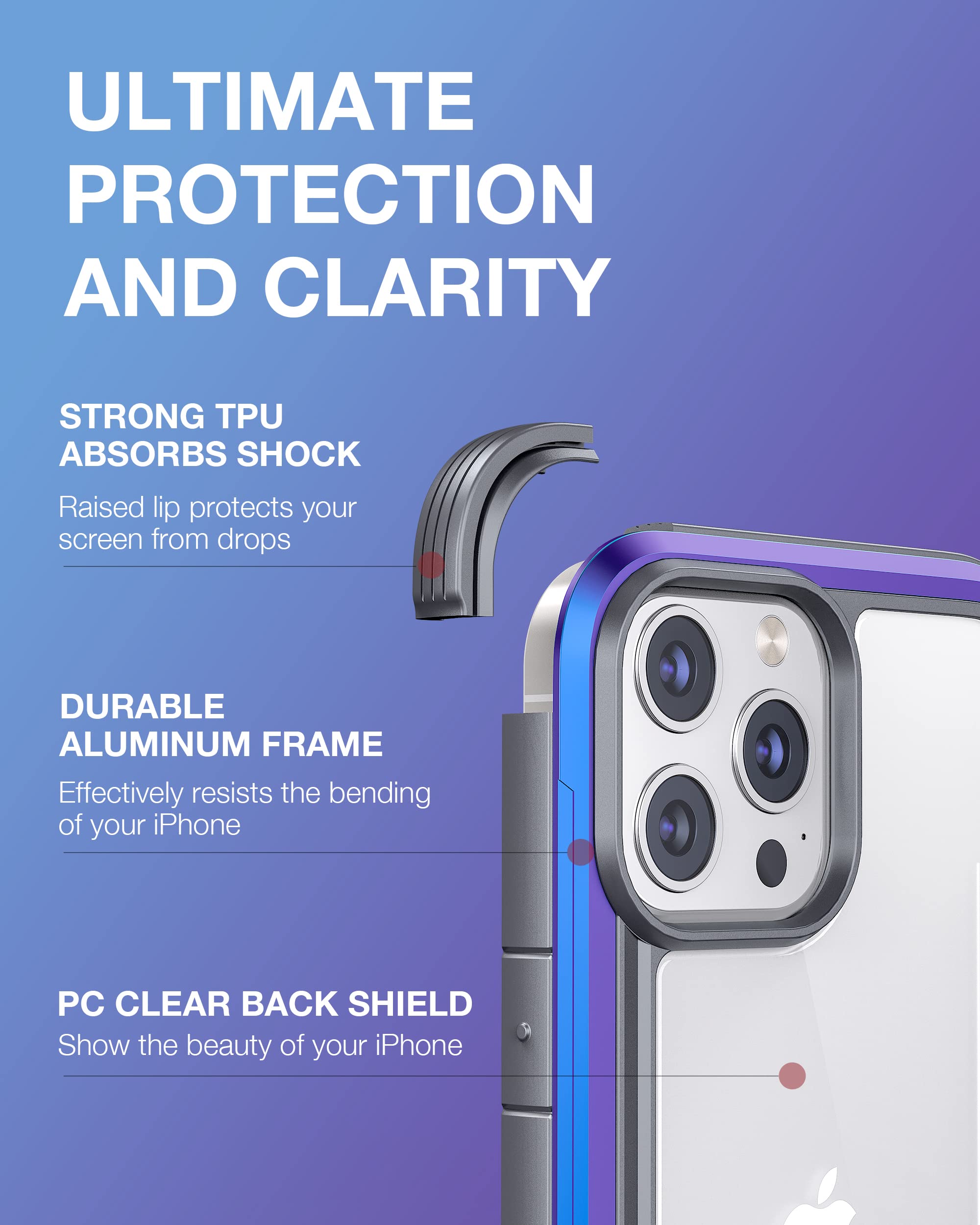 RAPTIC Shield for iPhone 13 Pro Case, Shockproof Protective Clear Case, Military 10ft Drop Tested, Durable Aluminum Frame, Anti-Yellowing Technology Case for iPhone 13 Pro, Iridescent