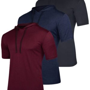 3 Pack: Mens Dry Fit Moisture Wicking Short Sleeve Active Athletic Hoodie Pullover Sweatshirt Workout Running Fitness Gym Sports Casual Tee Outdoor Summer Hiking Beach Outfit- Set 1, M