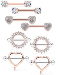 ronbemo 4 pairs surgical steel nipple rings heart nipple barbell crystal cz ball nipple hoop piercing jewelry for women rose gold