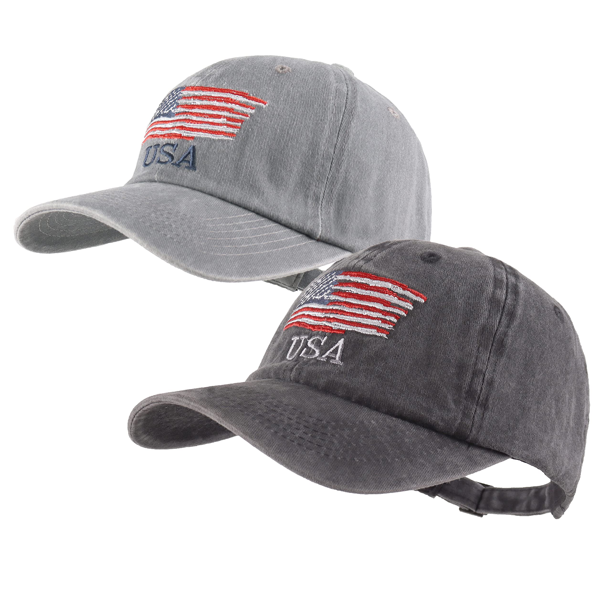 LANGZHEN American Flag Hats for Men and Women USA Flag Baseball Cap Adjustable Outdoors Trucker Snapback Hat (USA-Washed-Black+USA-Gray,One Size)