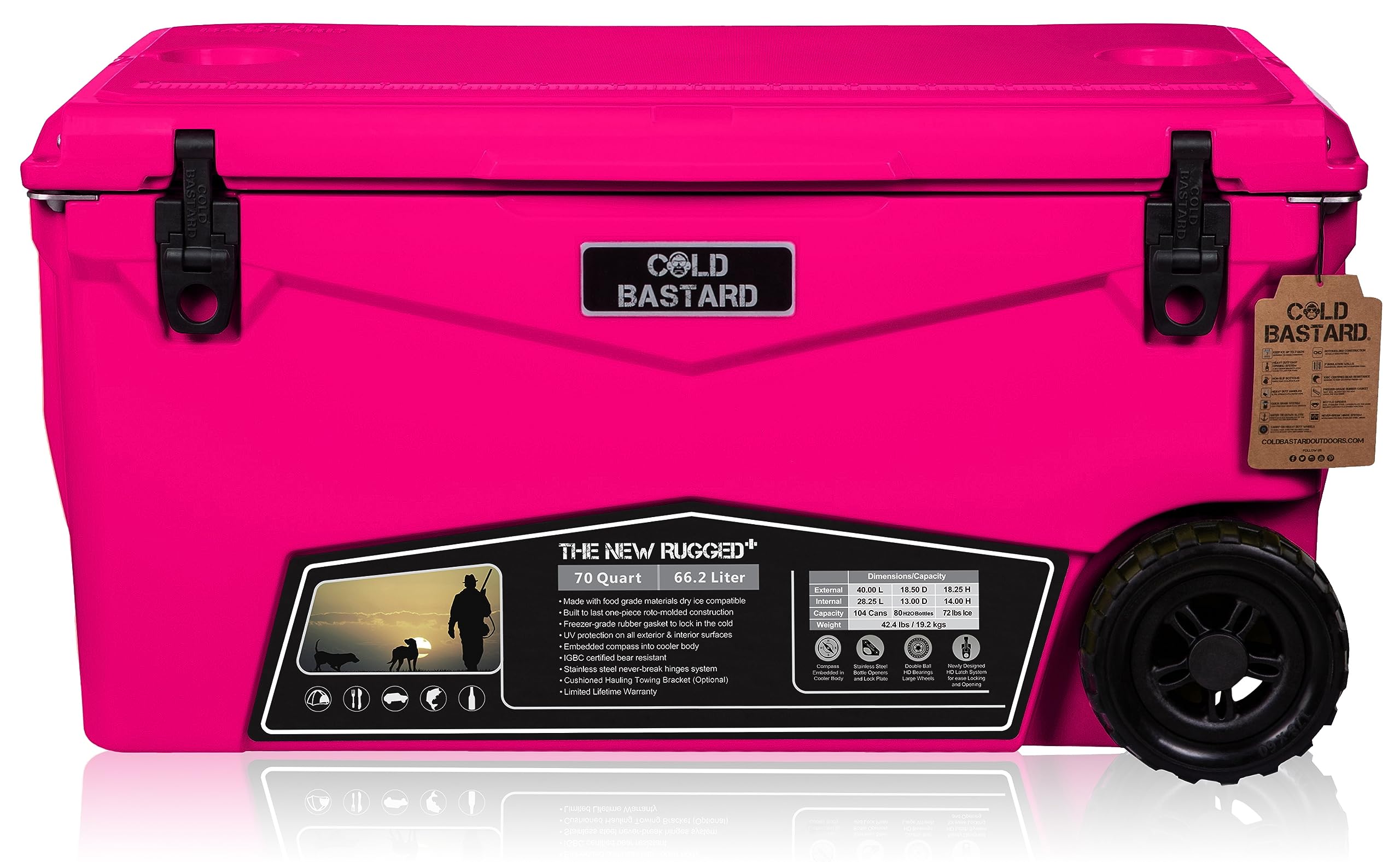 COLD BASTARD COOLERS 70QTW Rugged+ Pink Neon Large Wheels Premium Ice Chest Cooler Accessories Free S&H (CB70W-PN)