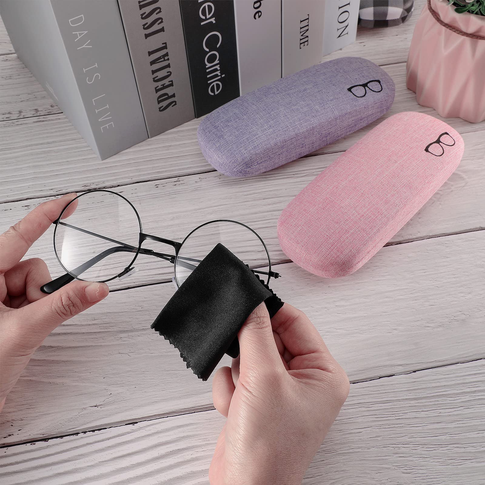 Frienda 2 Set Hard Shell Fabric Eyeglasses Case Kit Women Men Glasses Protective Case Storage Bag Glasses Chain Cleaning Cloth (Pink, Purple)