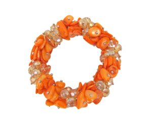 calisa designs woman's orange shell and glass beaded stretch bracelet with silver beads, designed with clusters of orange shell and orange facet cut glass beads.