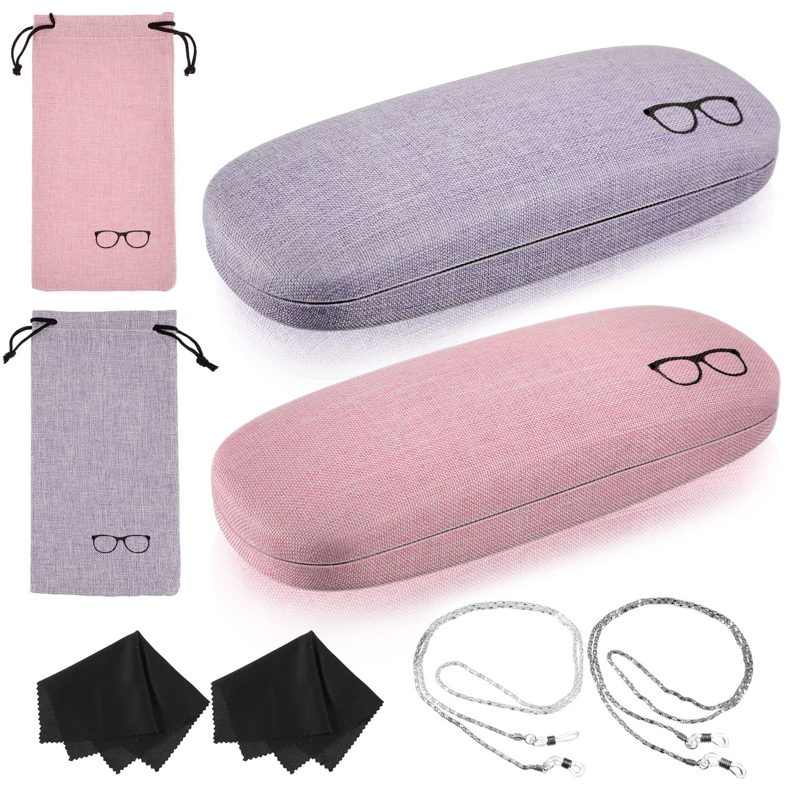 Frienda 2 Set Hard Shell Fabric Eyeglasses Case Kit Women Men Glasses Protective Case Storage Bag Glasses Chain Cleaning Cloth (Pink, Purple)