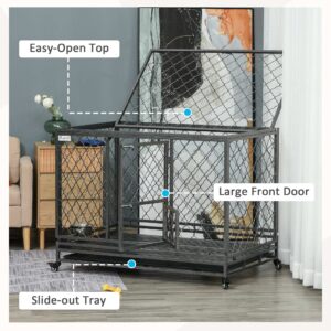 PawHut Heavy Duty Dog Crate Metal Kennel and Cage Dog Playpen with Lockable Wheels, Slide-Out Tray, Food Bowl and Double Doors, 49"