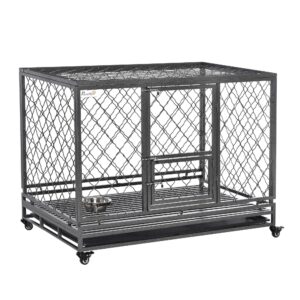 pawhut heavy duty dog crate metal kennel and cage dog playpen with lockable wheels, slide-out tray, food bowl and double doors, 49"