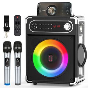 jyx karaoke machine with two wireless microphones, portable bluetooth speaker with bass/treble adjustment, pa system with remote control, led lights,supports tf card/usb, aux in, fm, rec,tws for party