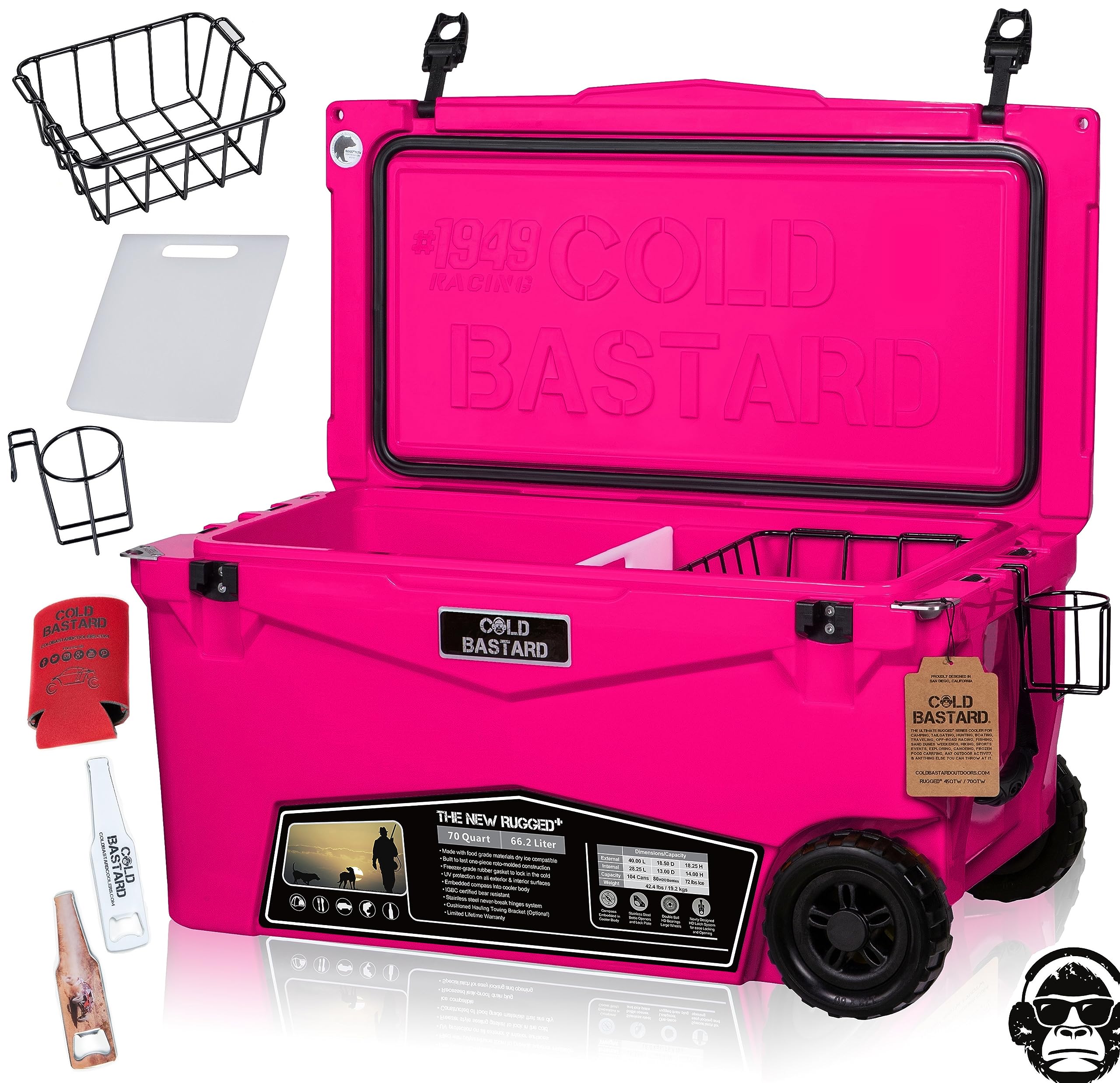 COLD BASTARD COOLERS 70QTW Rugged+ Pink Neon Large Wheels Premium Ice Chest Cooler Accessories Free S&H (CB70W-PN)