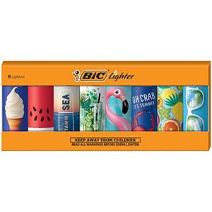 bic maxi pocket lighter, special edition vacation collection, assorted unique lighter designs, 8 count pack of lighters