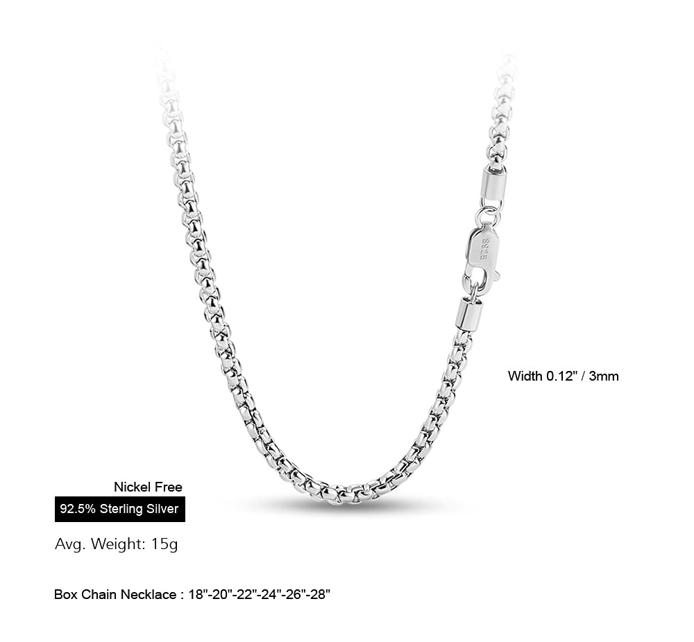 Meilanduo Solid 925 Sterling Silver 3mm Round Box Chain Necklace 18, 20, 22, 24, 26, 28 Inch for Men Women (20)