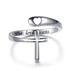 apotie true love waits cross ring - sterling silver christian heart adjustable rings jewelry gift for women