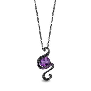 jewelili enchanted disney fine jewelry black rhodium over sterling silver 8x6 mm oval shape amethyst and 1/10 cttw treated black round diamond ursula pendant necklace, 18" cable chain