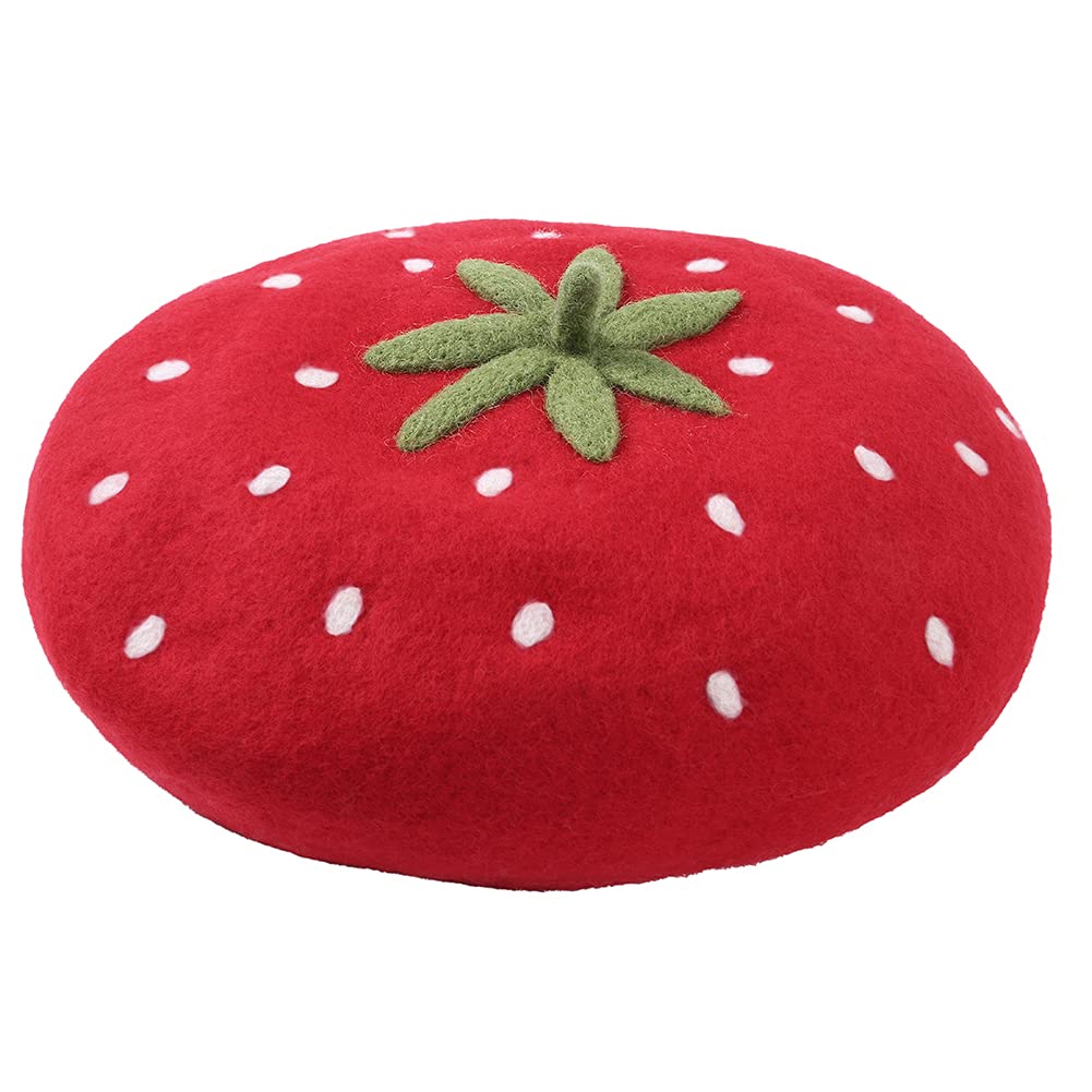 Zasy Wool Felt Strawberry Hat Handmade Casual Wool Beret Classic French Artist Beanies Cap for Women