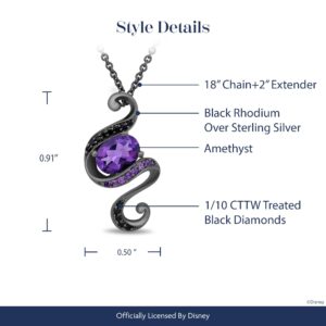 Jewelili Enchanted Disney Fine Jewelry Black Rhodium over Sterling Silver 8x6 MM Oval Shape Amethyst and 1/10 Cttw Treated Black Round Diamond Ursula Pendant Necklace, 18" Cable Chain