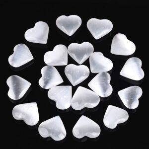 amoystone 20pcs selenite crystal heart worry stone 1.4-1.6" - puffy palm pocket heart stone for cleansing, protection and home decoration gift