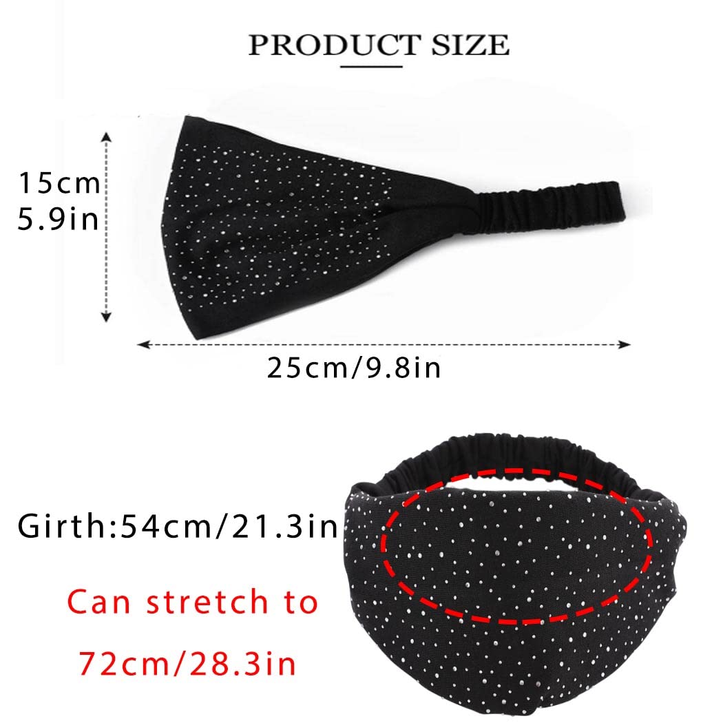 CAKURE Rhinestone Headband Black Wide Head Wraps Crystal Bling Headbands Elastic African Turban Stylish Yogo Exceise Hair Accessories for Women and Girls (Pack of 3)