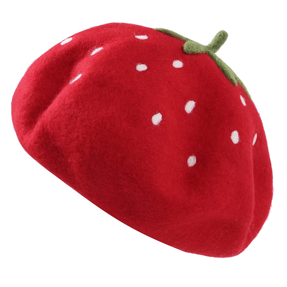 Zasy Wool Felt Strawberry Hat Handmade Casual Wool Beret Classic French Artist Beanies Cap for Women