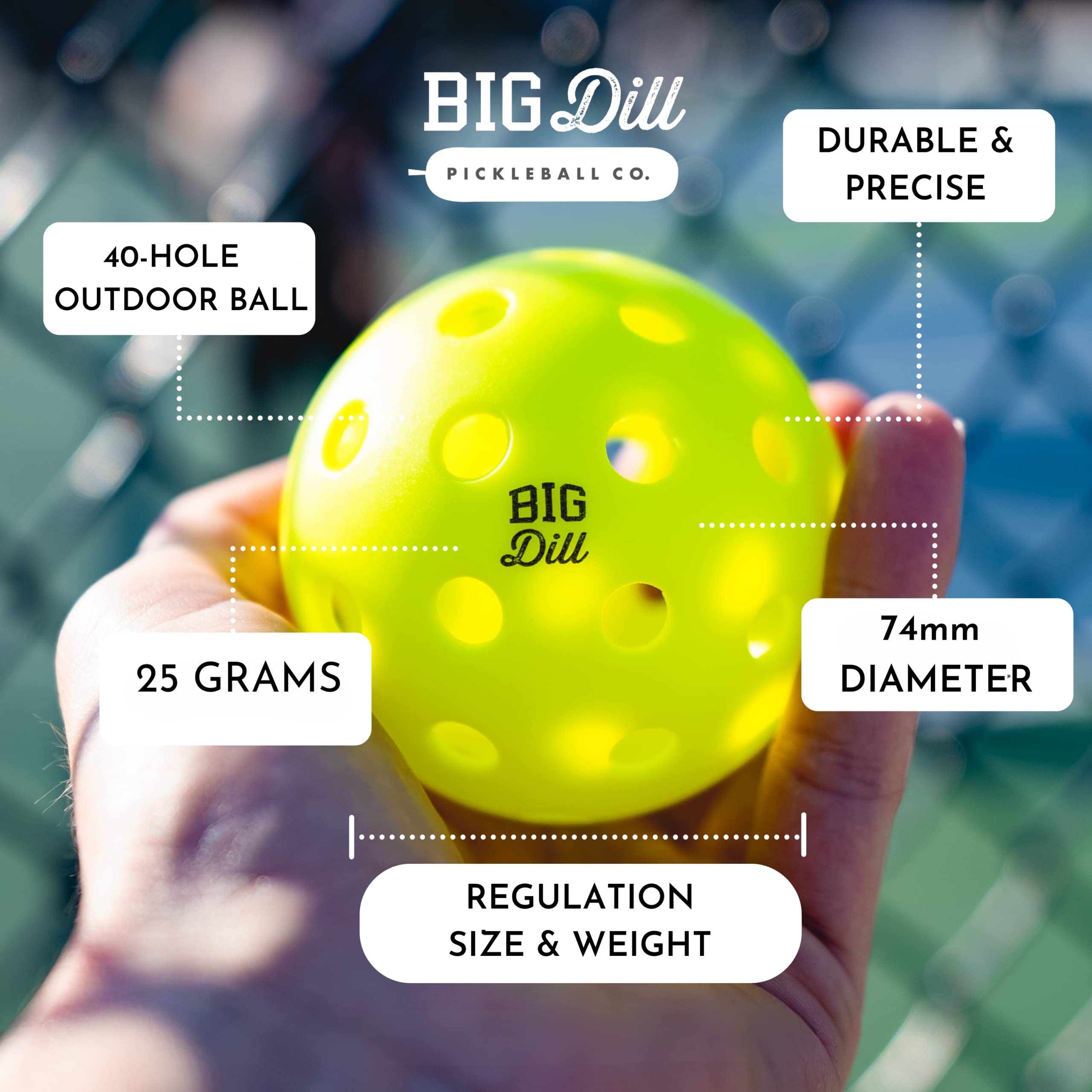 Big Dill Pickleball Relish Outdoor Pickleball Balls with Bag | Outdoor Pickleballs for Outdoor Play with 40 Holes (Pack of 4)