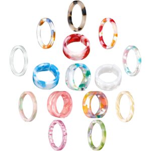 hicarer 15 pieces resin rings colorful acrylic rings for women open adjustable thick and thin round rings set vintage tortoise marble transparent rings stackable band rings