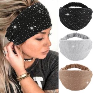 cakure rhinestone headband black wide head wraps crystal bling headbands elastic african turban stylish yogo exceise hair accessories for women and girls (pack of 3)