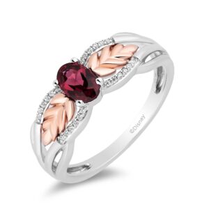 jewelili enchanted disney fine jewelry sterling silver and 10k rose gold 6x4 mm oval shape rhodolite garnet and natural white round diamond accents anna wheat ring, size 7