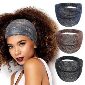 cakure sequin wide headband black turban headbands african glitter head wraps stretchy bling hair wraps hair bands yoga running sport hair accessories for women and girls