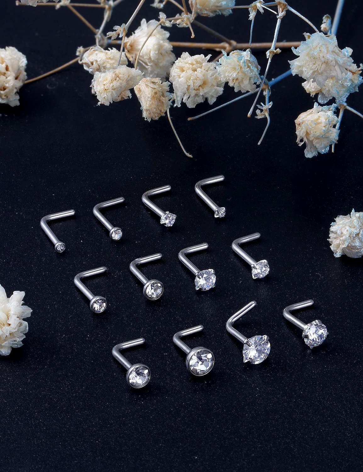 Uzgtvy 20G Nose Rings Studs for Women 316l Stainless Surgical Steel Silver L Shaped Bend Hypoerallgenic Diamond Nose Nostril Ring Body Piercing Jewelry for Women Men 1.5mm 2mm 2.5mm 3mm 3.5mm 4mm