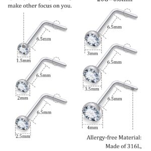 Uzgtvy 20G Nose Rings Studs for Women 316l Stainless Surgical Steel Silver L Shaped Bend Hypoerallgenic Diamond Nose Nostril Ring Body Piercing Jewelry for Women Men 1.5mm 2mm 2.5mm 3mm 3.5mm 4mm