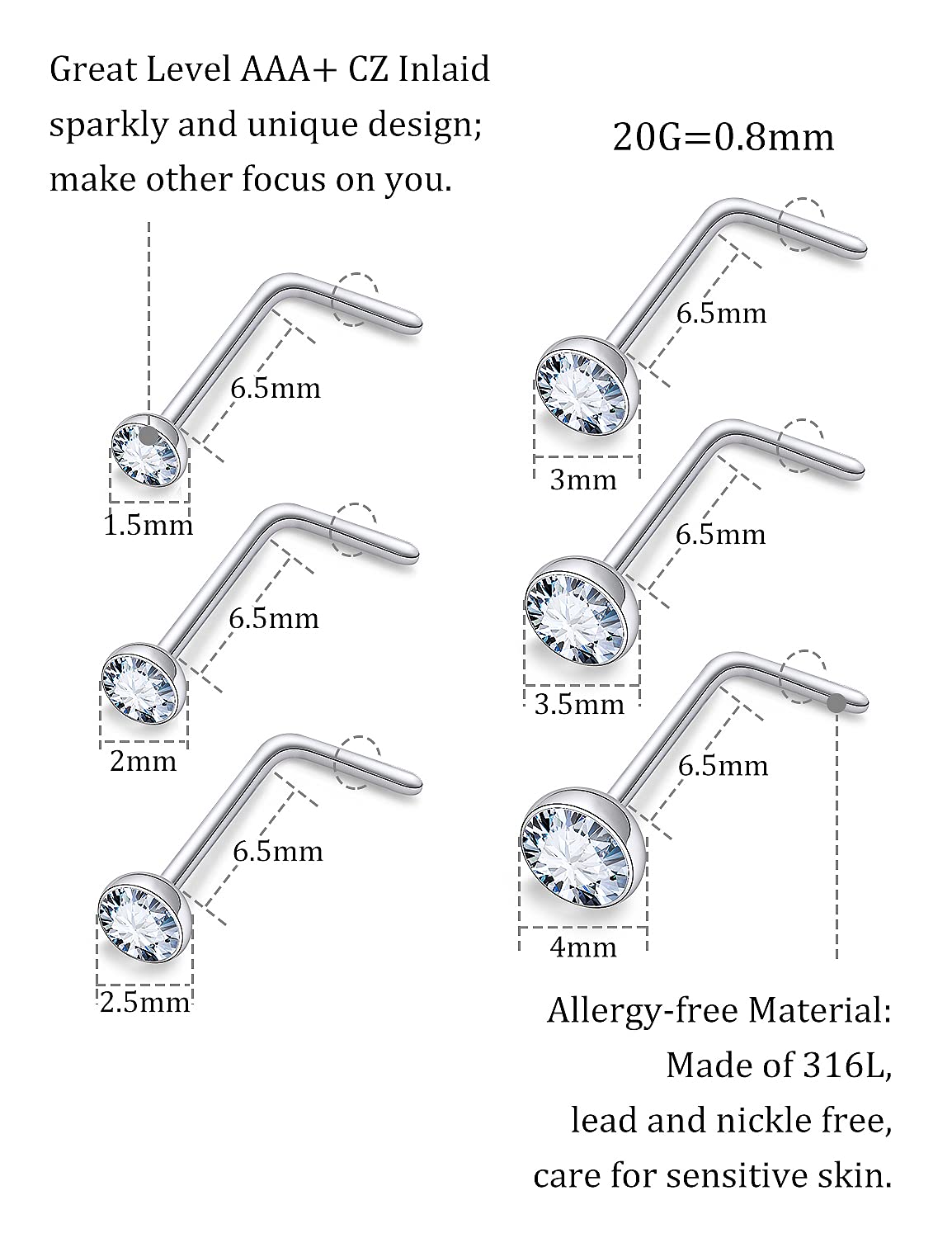 Uzgtvy 20G Nose Rings Studs for Women 316l Stainless Surgical Steel Silver L Shaped Bend Hypoerallgenic Diamond Nose Nostril Ring Body Piercing Jewelry for Women Men 1.5mm 2mm 2.5mm 3mm 3.5mm 4mm