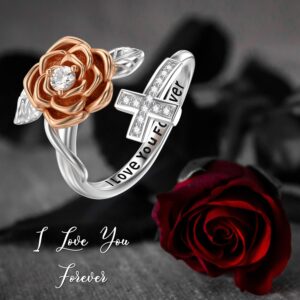 LONAGO Rose Flower Cross Ring 925 Sterling Silver I Love You Forever Adjustable Size Ring Religious Crucifix Jewelry Gift for Women (9)