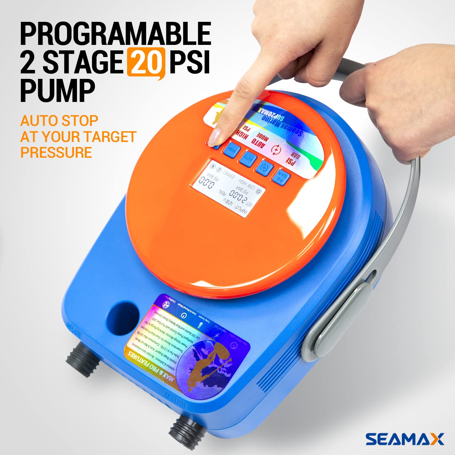 Seamax SUP20Max Double Stage 20PSI Electric Air Pump for Inflatable SUP and Boat, Intelligent Firmware with Built-in Temperature Sensor and Timer