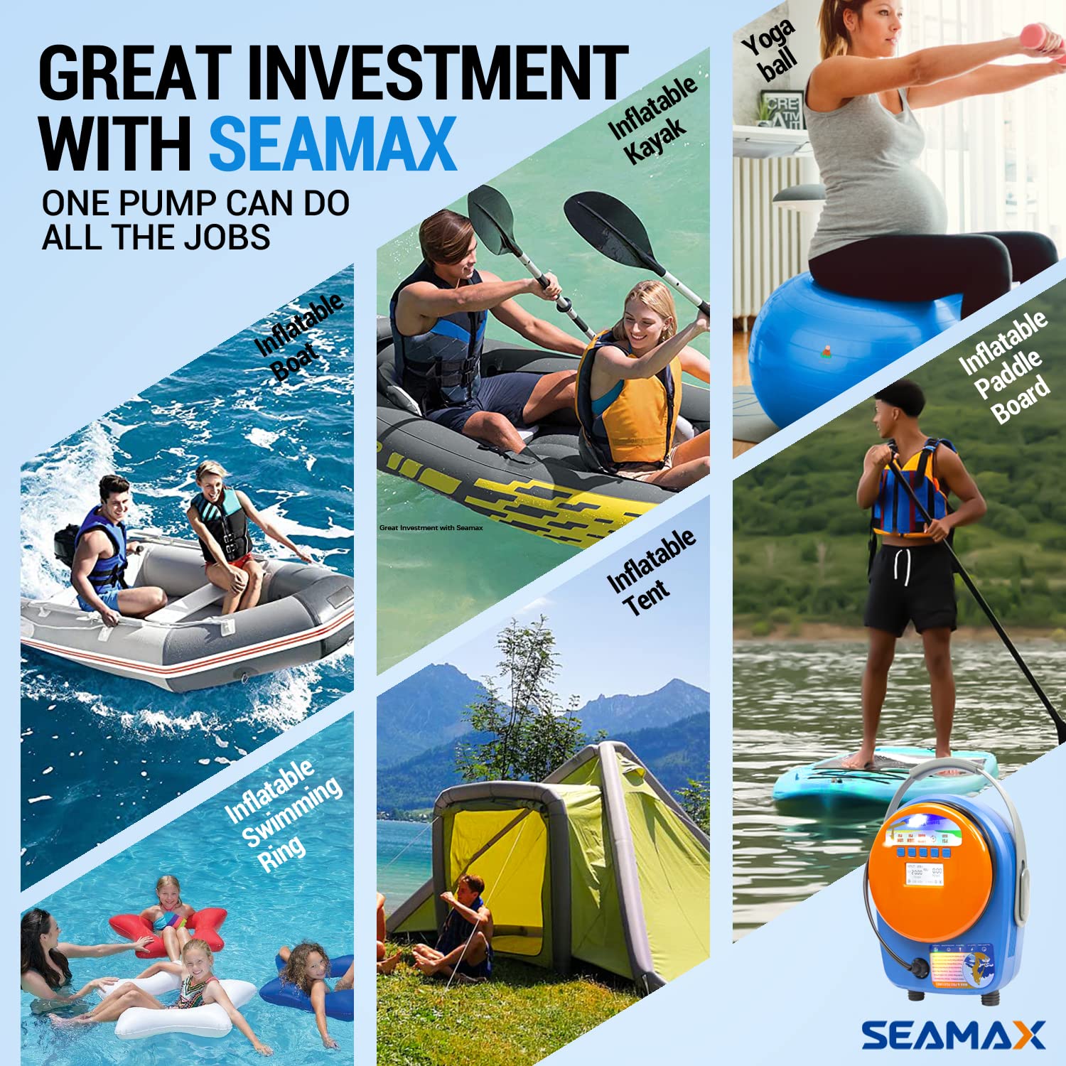 Seamax SUP20Max Double Stage 20PSI Electric Air Pump for Inflatable SUP and Boat, Intelligent Firmware with Built-in Temperature Sensor and Timer