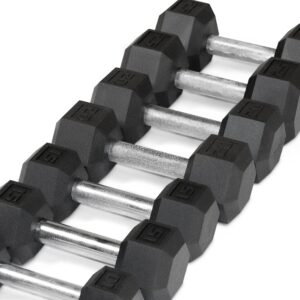 WF Athletic Supply 5-25Lb Rubber Coated Hex Dumbbell Set with Two Tier Storage Rack Non-Slip Hex Shape for Muscle Toning, Strength Building & Weight Loss, White Rack, Straight Handle