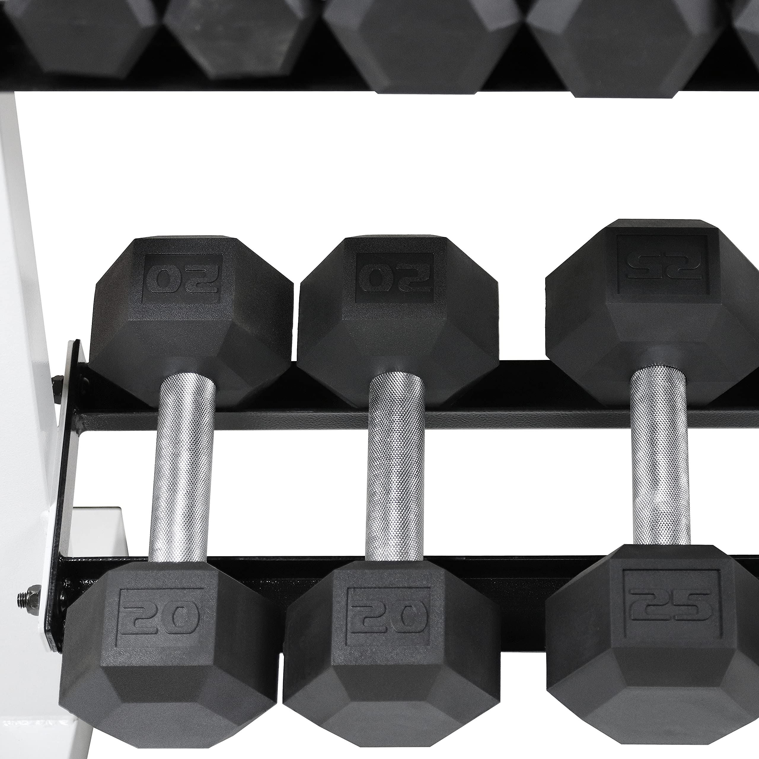 WF Athletic Supply 5-25Lb Rubber Coated Hex Dumbbell Set with Two Tier Storage Rack Non-Slip Hex Shape for Muscle Toning, Strength Building & Weight Loss, White Rack, Straight Handle