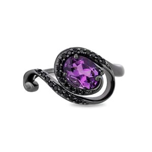 Jewelili Enchanted Disney Fine Jewelry Black Rhodium over Sterling Silver 8x6 MM Oval Shape Amethyst and 1/5 Cttw Treated Black Diamond Ursula Ring, Size 9