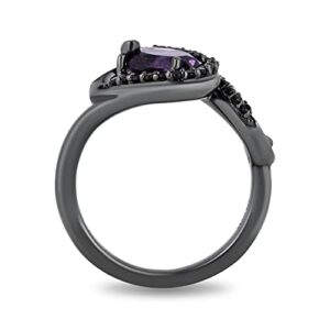 Jewelili Enchanted Disney Fine Jewelry Black Rhodium over Sterling Silver 8x6 MM Oval Shape Amethyst and 1/5 Cttw Treated Black Diamond Ursula Ring, Size 9