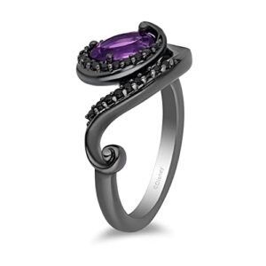 Jewelili Enchanted Disney Fine Jewelry Black Rhodium over Sterling Silver 8x6 MM Oval Shape Amethyst and 1/5 Cttw Treated Black Diamond Ursula Ring, Size 9